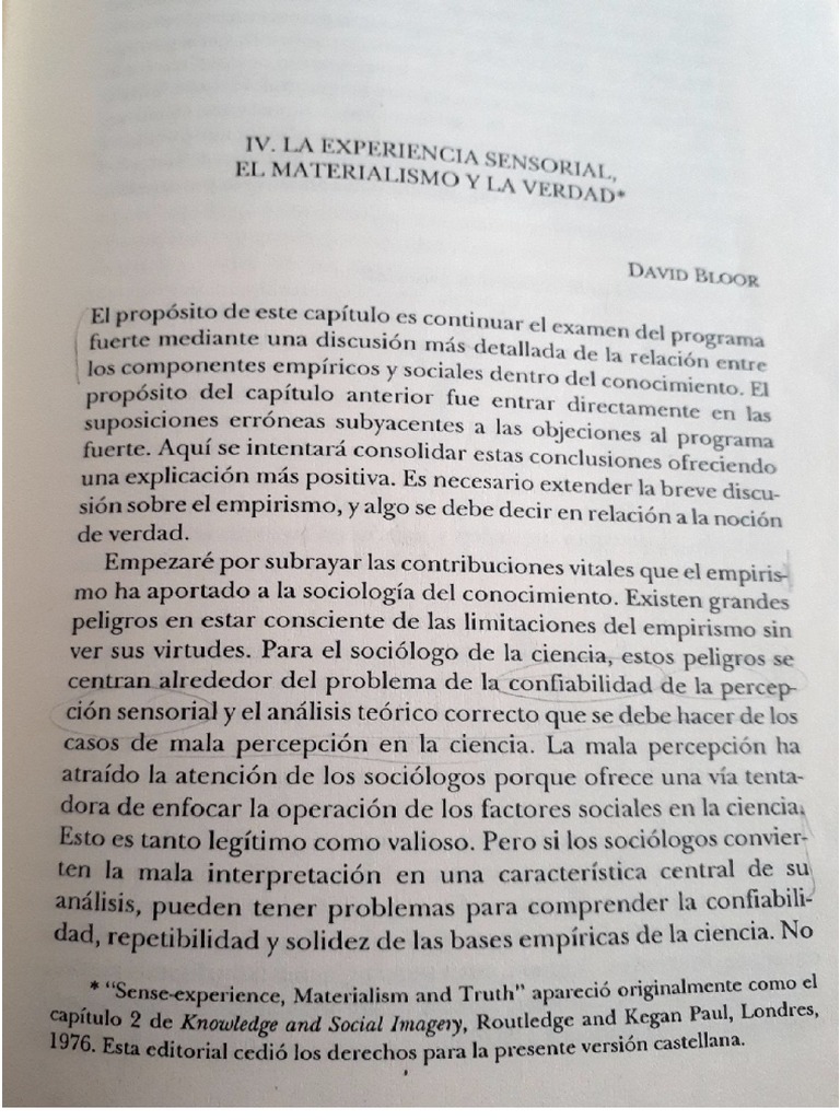 David Bloor - La Experiencia Sensorial, El Materialismo y La Verdad | PDF