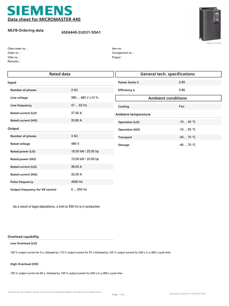 Data Sheet For MICROMASTER 440: Rated Data General Tech. Specifications ...