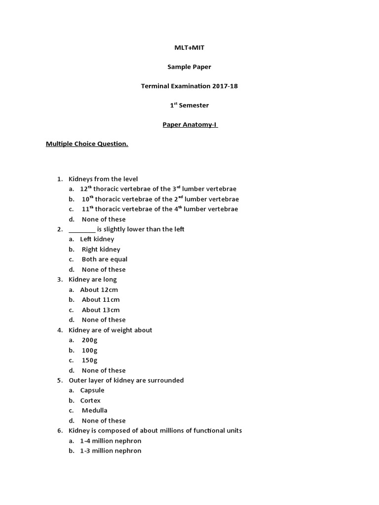 Kidney and Urinary System MCQs | PDF | Kidney | Anatomy