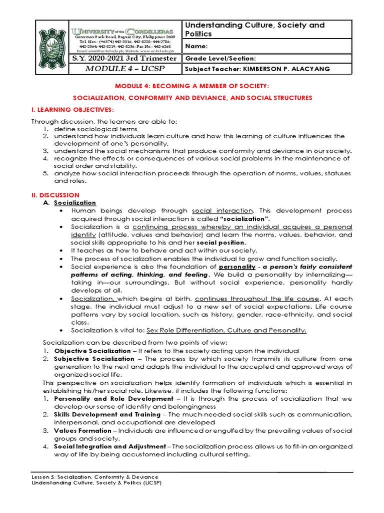 Module 4 Ucsp | PDF | Deviance (Sociology) | Socialization