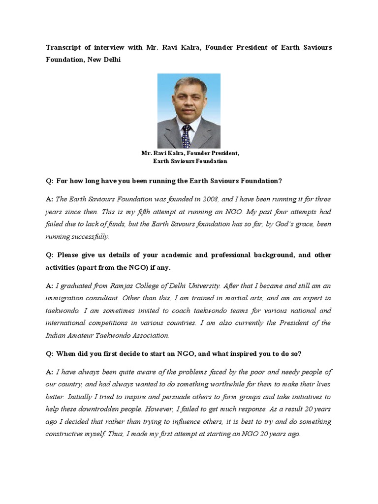 Mr. Ravi Kalra, Founder President, Earth Saviours Foundation | PDF ...