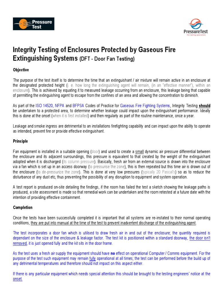 Integrity Testing of Enclosures Protected by Gaseous Fire Extinguishing ...