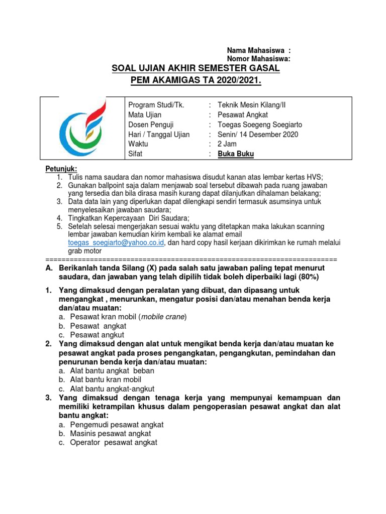 Soal UAS Pesawat Angkat TMK 2 TA 2020-2021. | PDF