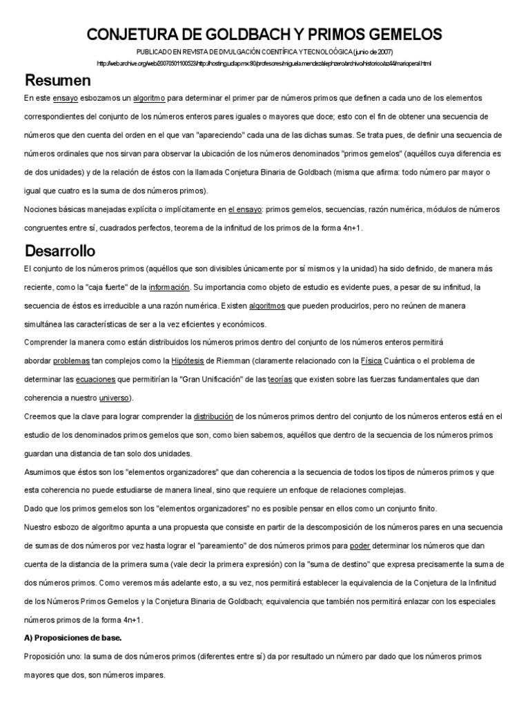 Primos Gemelos y Conjetura de Goldbach | PDF | Número primo | infinito