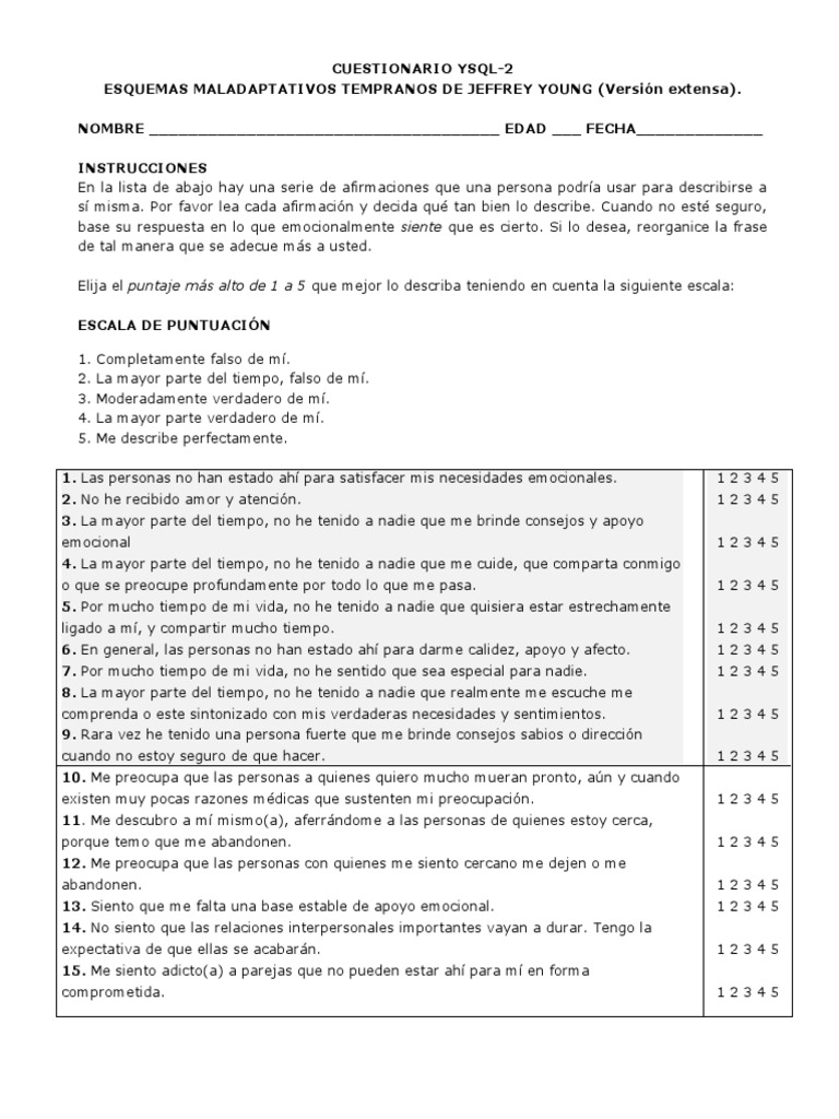 Cuestionario de Esquemas Maladaptativos YQL2 Actualizado Daniel Rpo ...