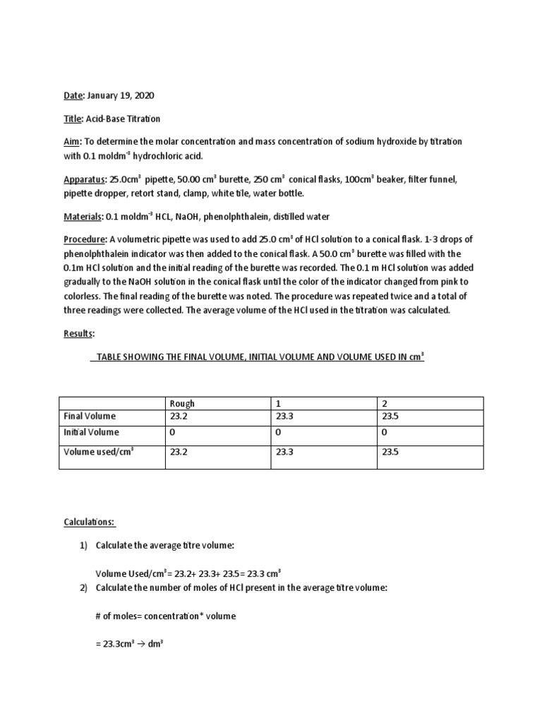 Determining the Molar and Mass Concentration of Sodium Hydroxide ...