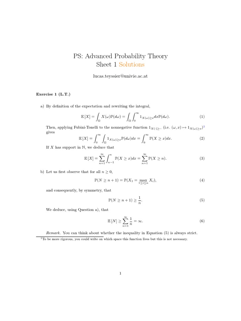 PS: Advanced Probability Theory Sheet 1: Solutions | PDF | Analysis ...