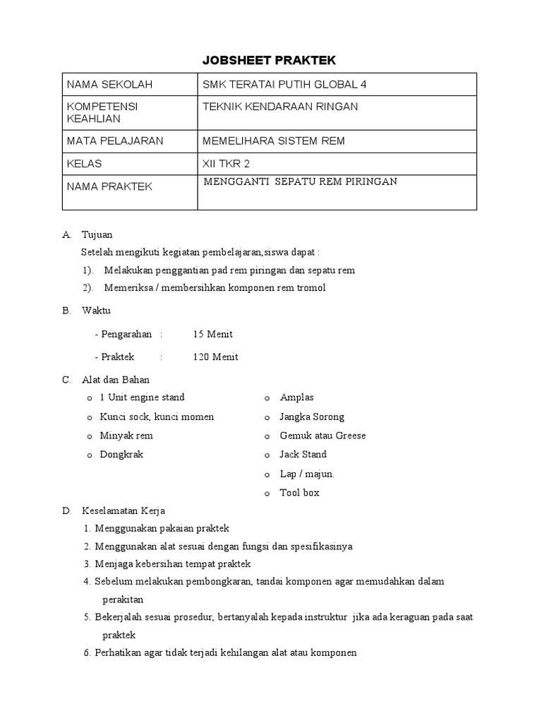 Jobsheet Rem (Ramadhan Ilman Hadid) XII TKR 2 | PDF