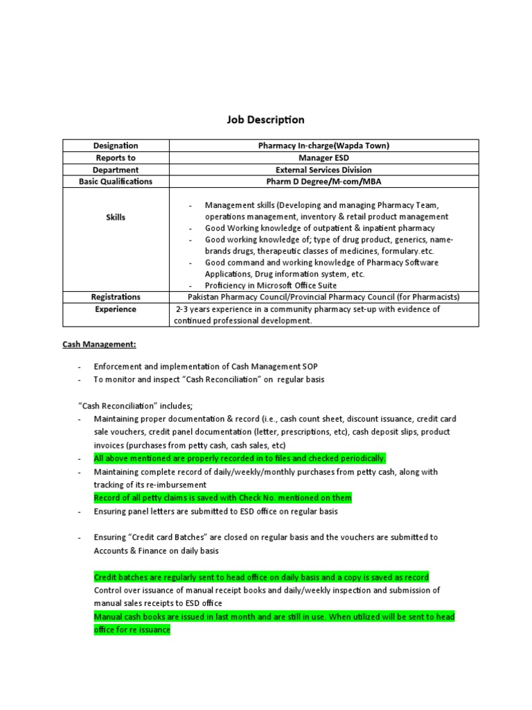 Pharmacy Incharge JD | PDF | Pharmacy | Drugs