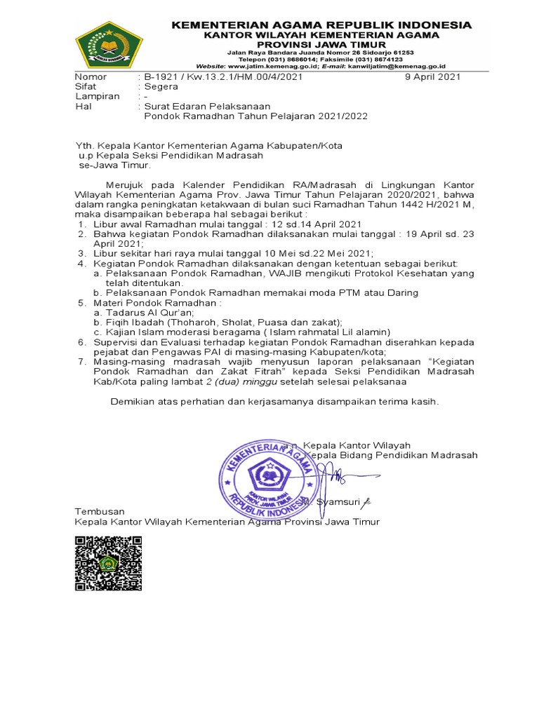 Surat Edaran Pondok Ramadhan 2021 | PDF