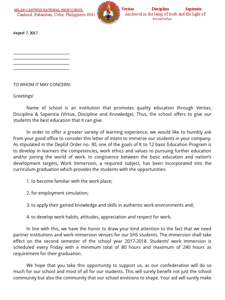 Immersion Letter | PDF