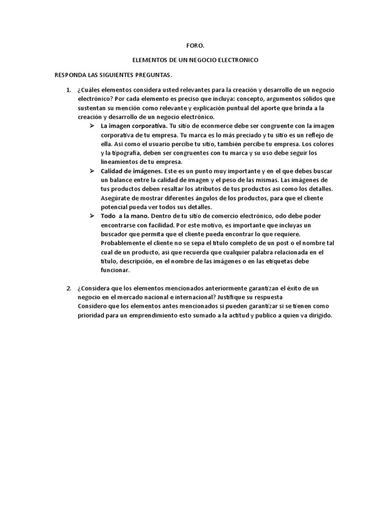 FORO. ELEMENTOS DE UN Negocio Electronico | PDF