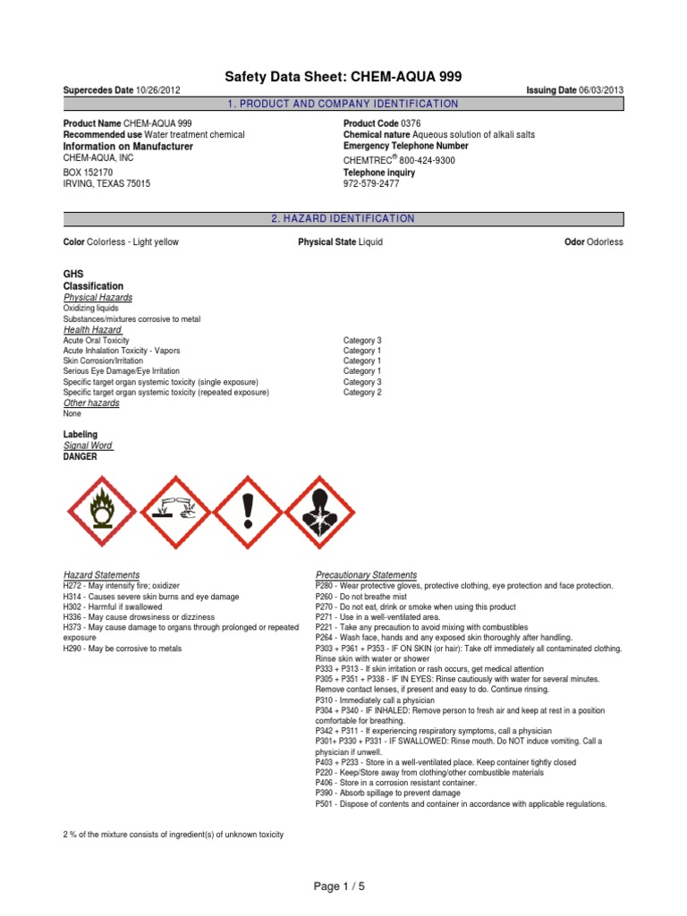 Safety Data Sheet: CHEM-AQUA 999: Information On Manufacturer | PDF ...