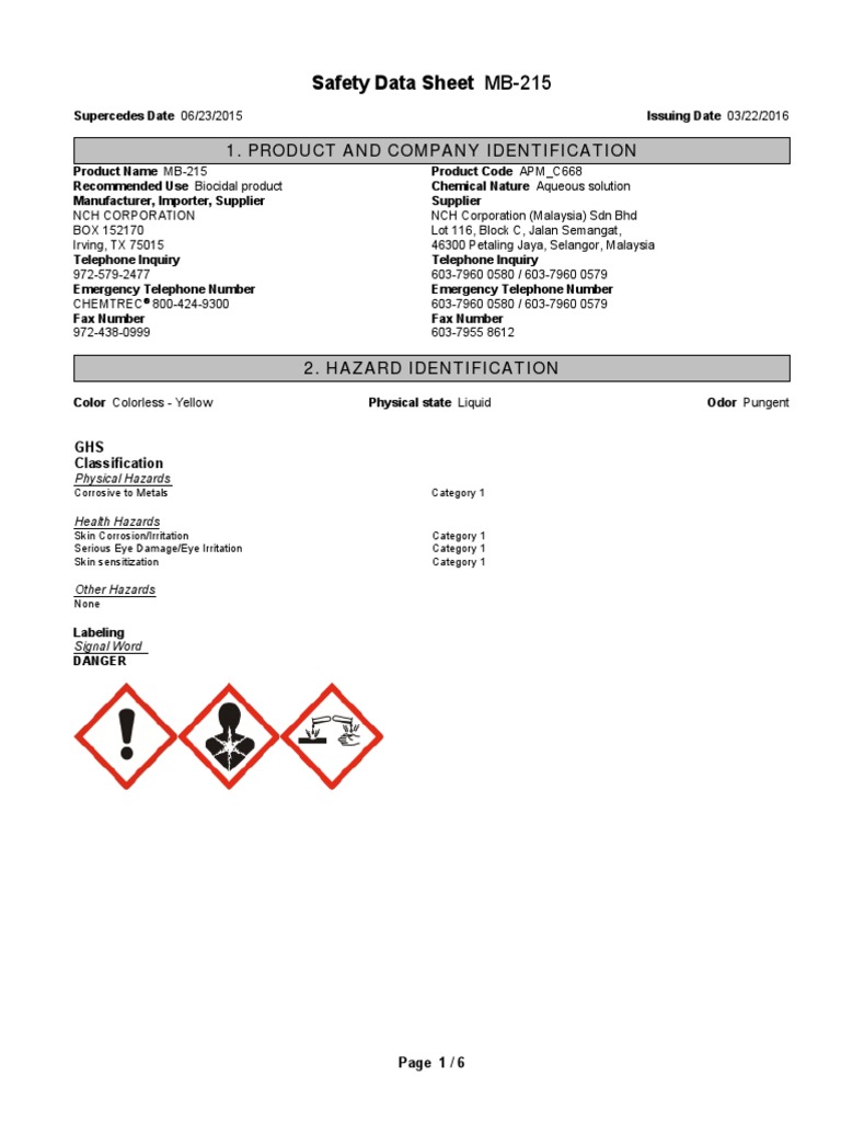 MSDS MB-215 (SDS EN 20160322) English | PDF | Dangerous Goods ...