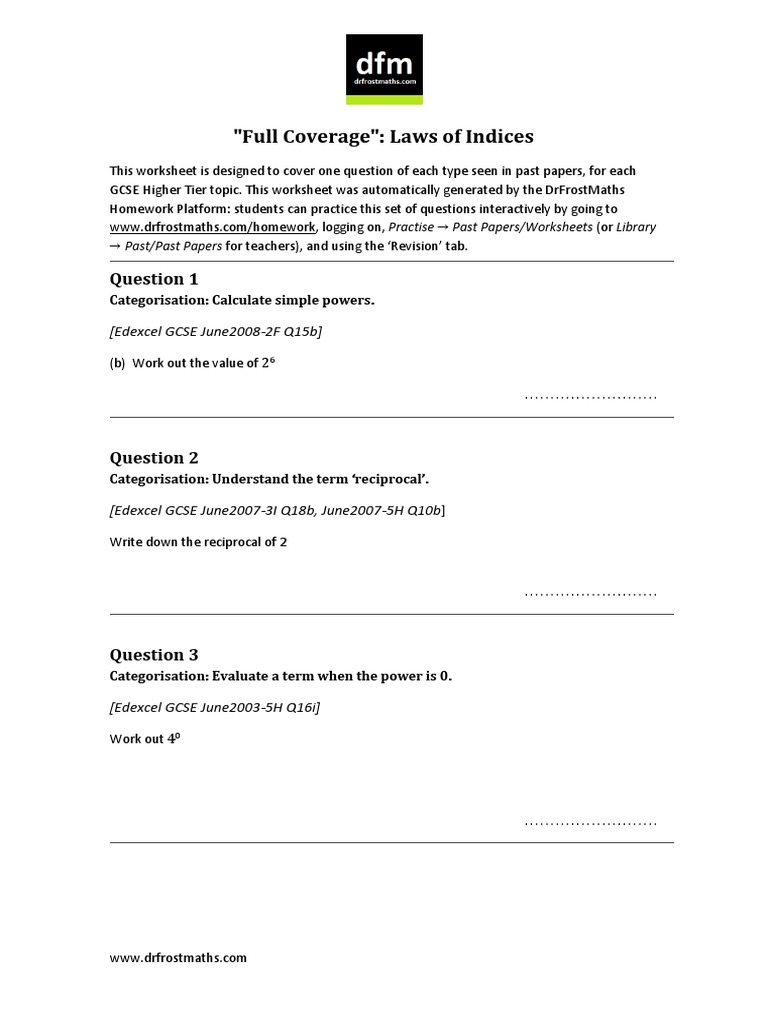 "Full Coverage": Laws of Indices: (Edexcel GCSE June2008-2F Q15b) | PDF ...