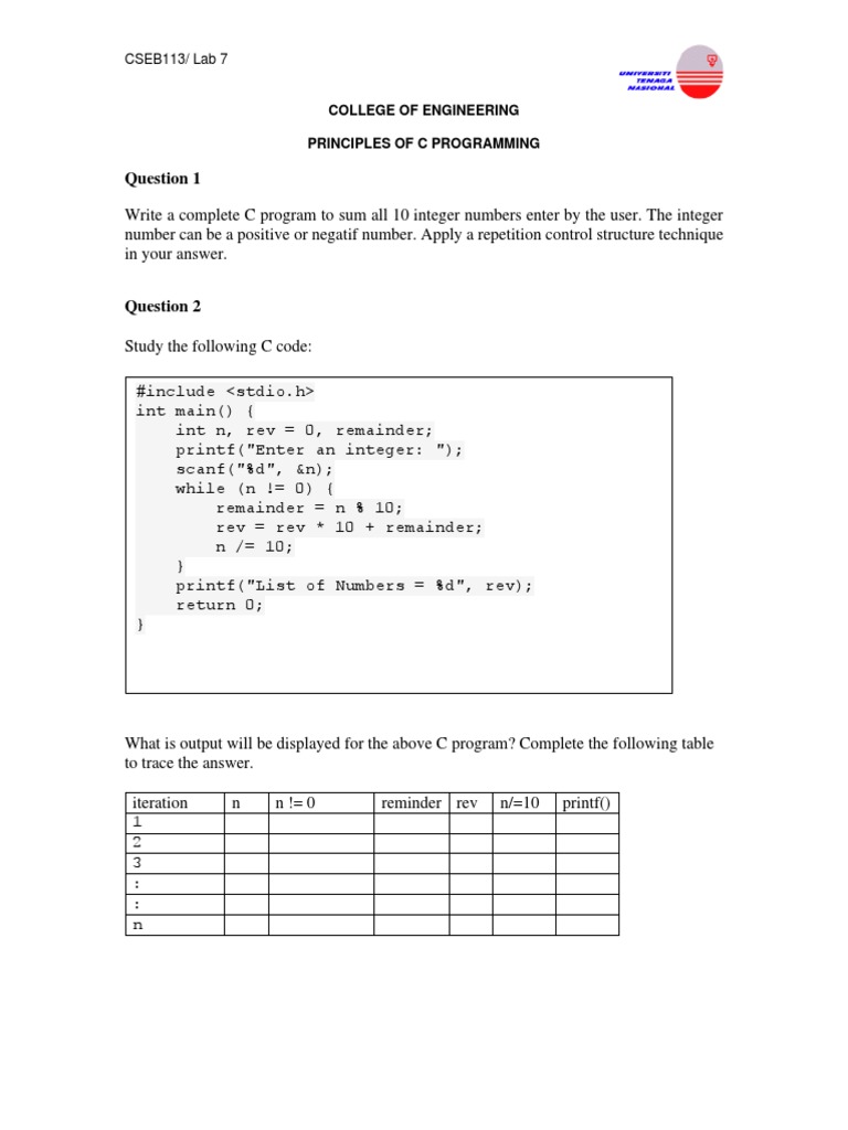 CSEB113/ Lab 7: College of Engineering Principles of C Programming | PDF