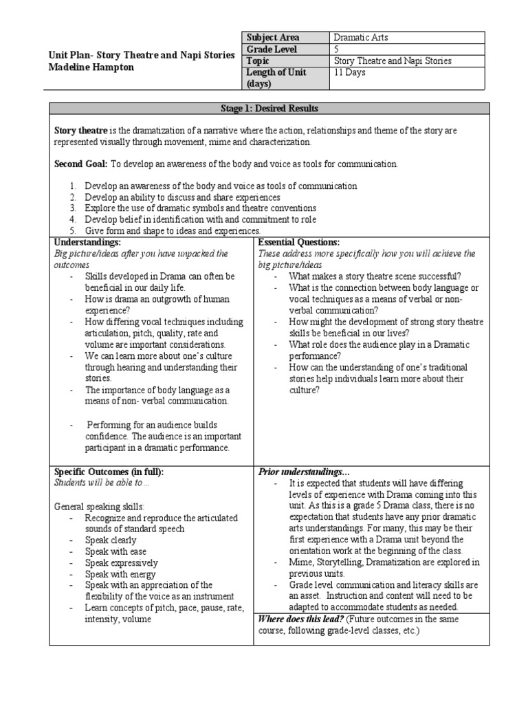 Unit Plan - Story Theatre Grade 5 | PDF | Psychological Concepts ...