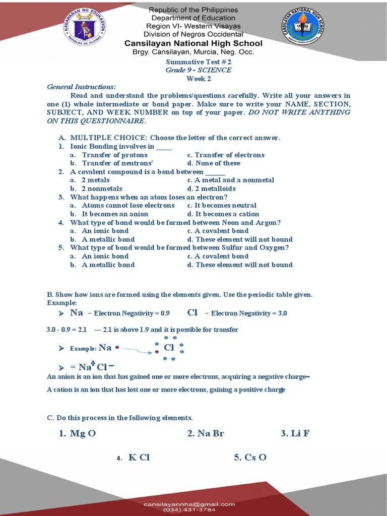 Grade 9 Science Quarter 2 Test | PDF