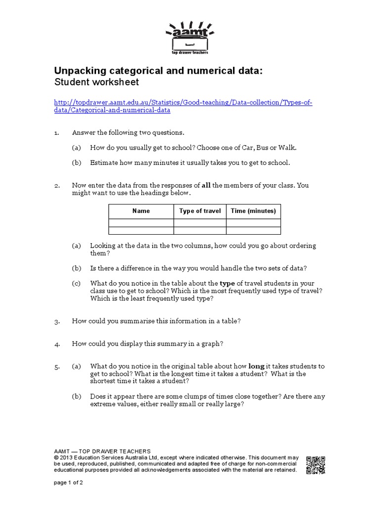 Unpacking Categorical and Numerical Data:: Student Worksheet | PDF ...