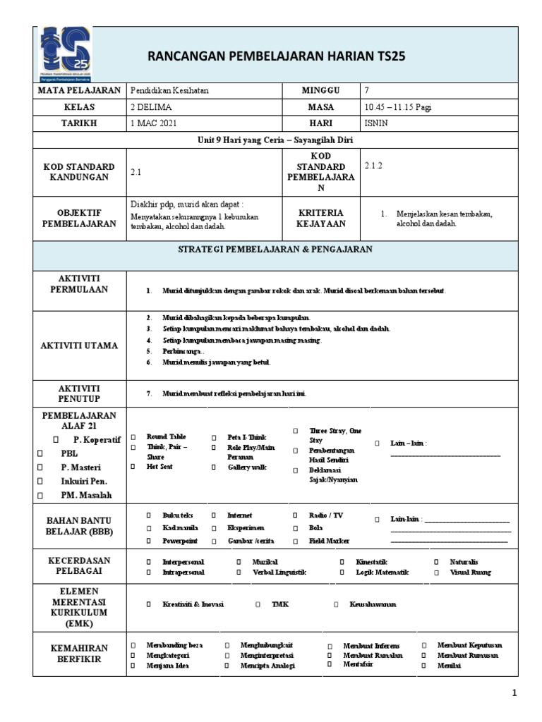 Contoh RPH ts25 PK Tahun 2 Unit 9 Hari Yang Ceria Jauhkan Diri | PDF