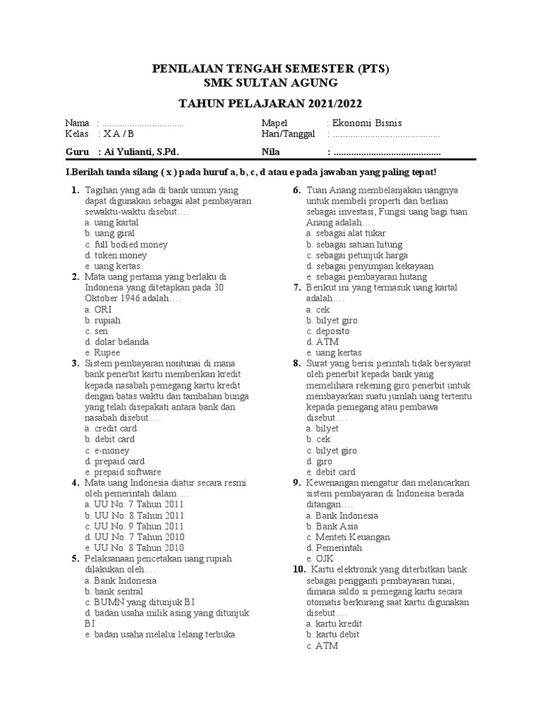 Soal Pts Ekonomi Bisnis Kelas X Semester II 2021 | PDF