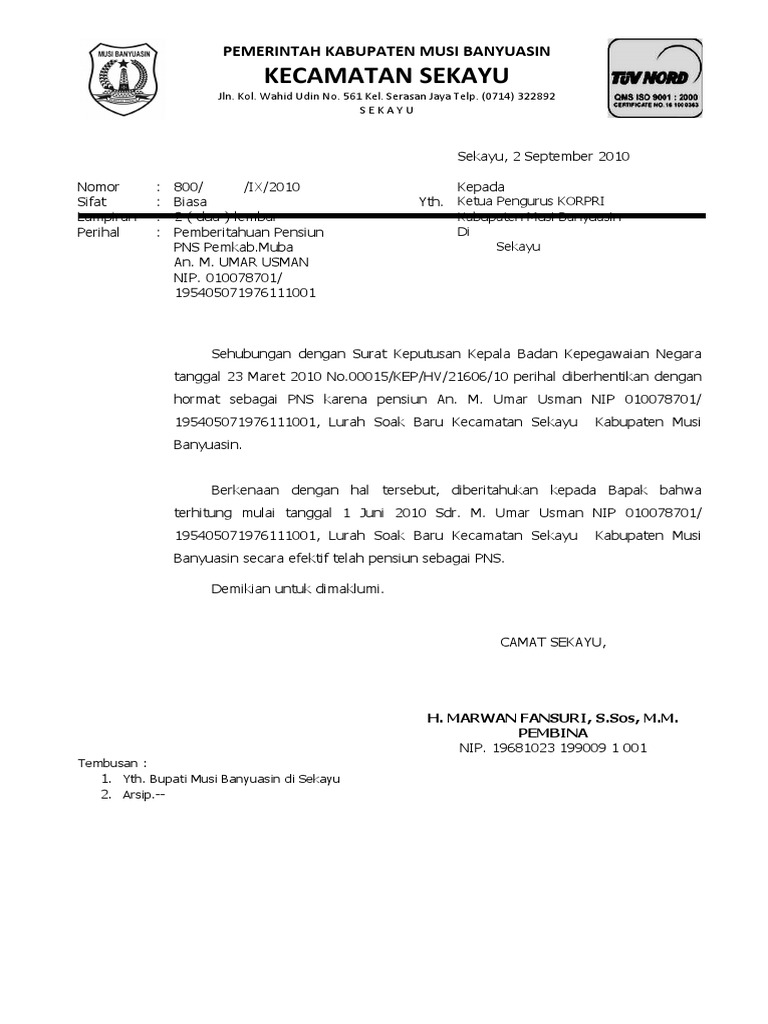 Surat Pemberitahuan Pensiun | PDF