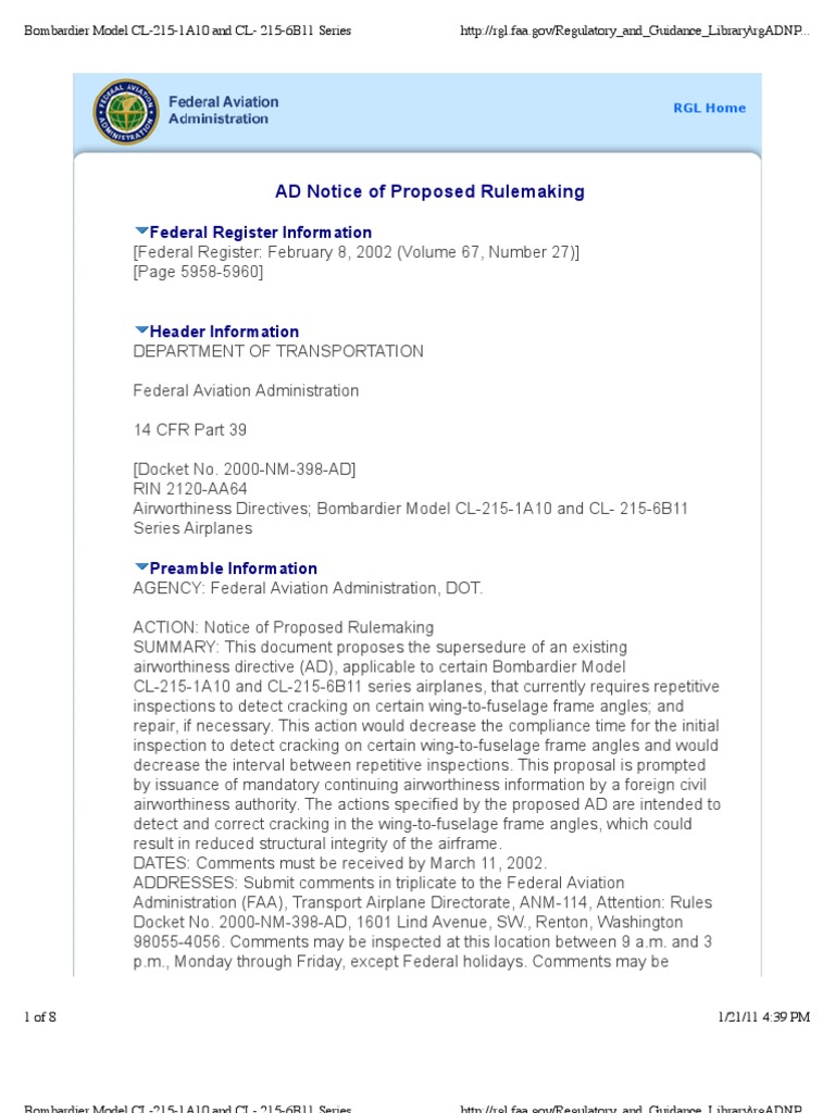 Airworthiness Directive Bombardier/Canadair 020208 | PDF | Federal ...