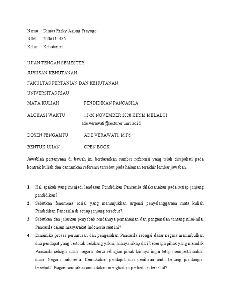 UTS Semester 1 Pend. Pancasila - Dimas Rizky Agung Prayogo | PDF