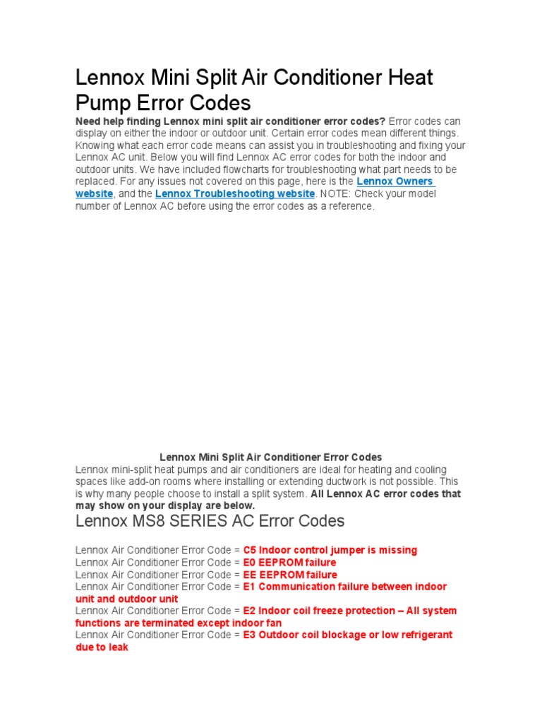 Lennox Mini Split Air Conditioner Heat Pump Error Codes | PDF | Heat ...