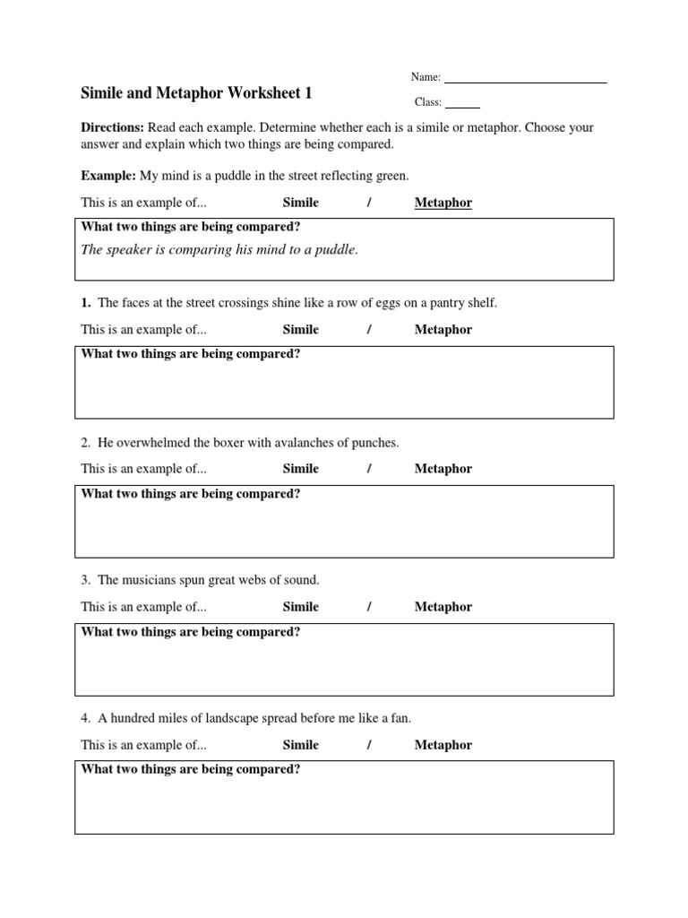 Simile and Metaphor-Worksheet | PDF