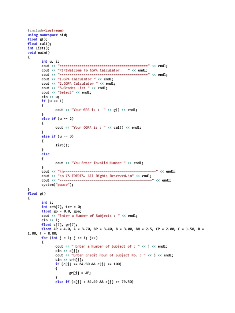 C Program To Calculate Gpa And Cgpa Using Functions Pdf Teaching 2401
