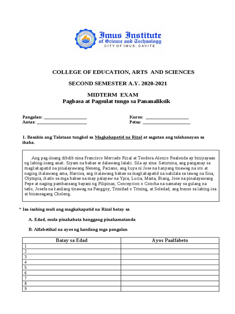 Pagbasa at Pagsulat Midterm Exam | PDF