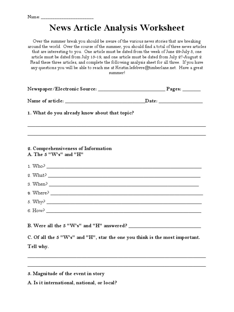 News Article Analysis Worksheet | PDF | Question | News