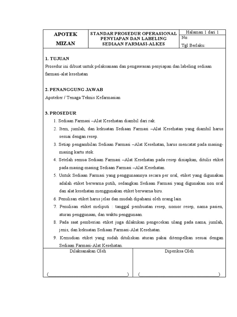 SPO Penyiapan Dan Labeling Sediaan Farmasi-Alat Kesehatan | PDF