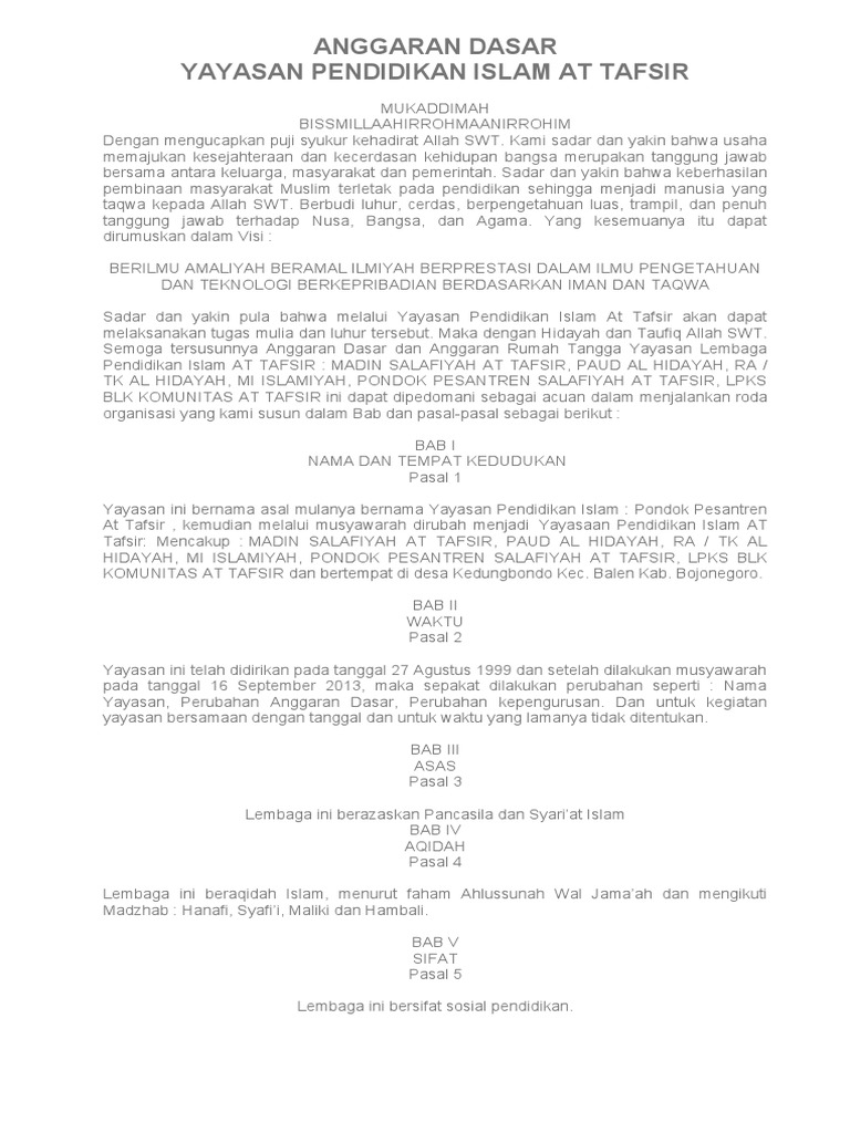 Contoh ADRT Yayasan | PDF