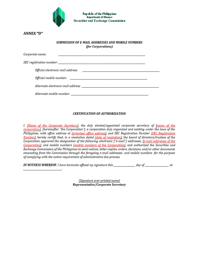 Submission of Contact Information and Authorization for Electronic ...
