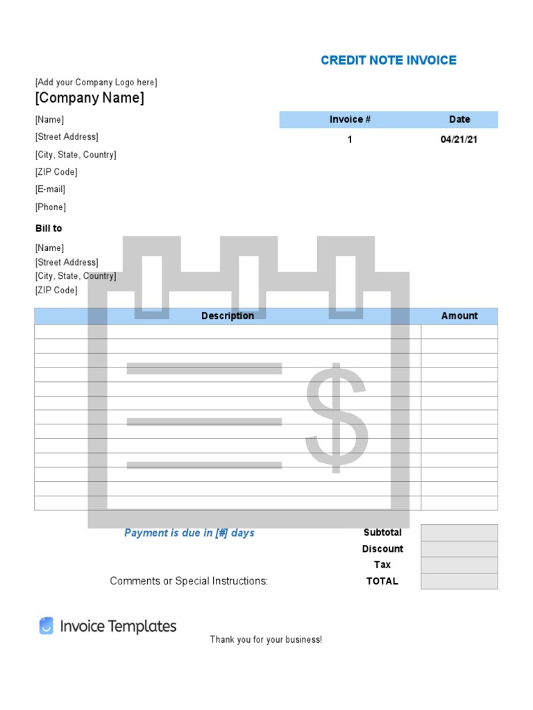 Credit Note Invoice Template | PDF