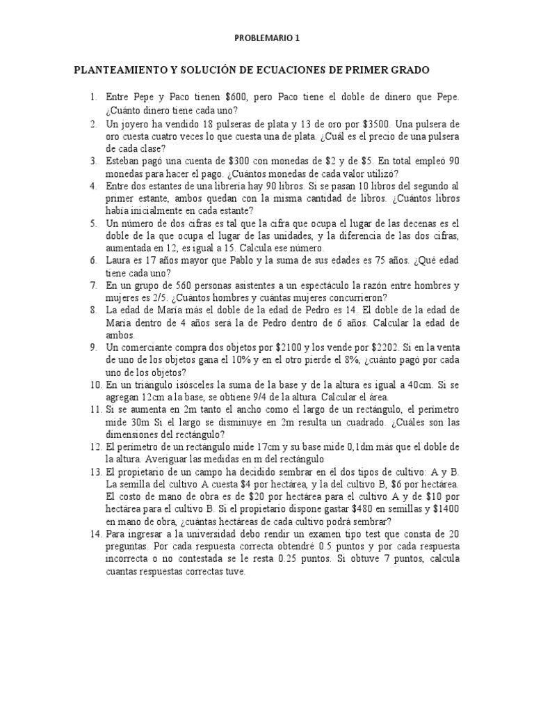 Planteamiento y Solución de Ecuaciones de Primer Grado | PDF | Enseñanza de matemática | Business