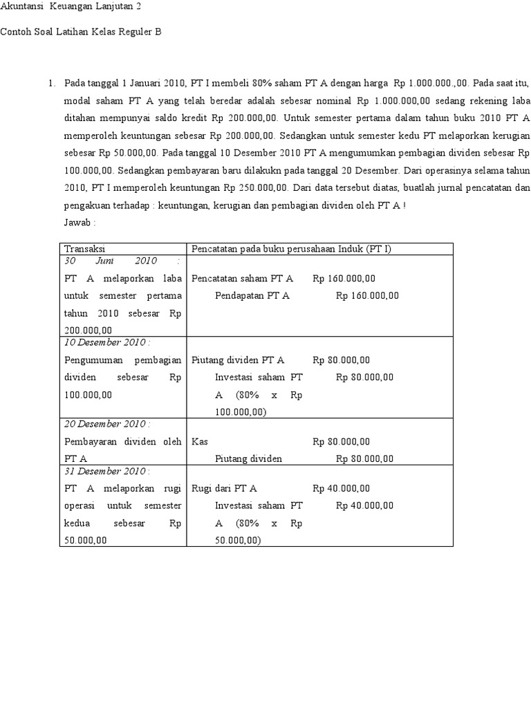 Akuntansi Keuangan Lanjutan 2 Latihan Soal | PDF