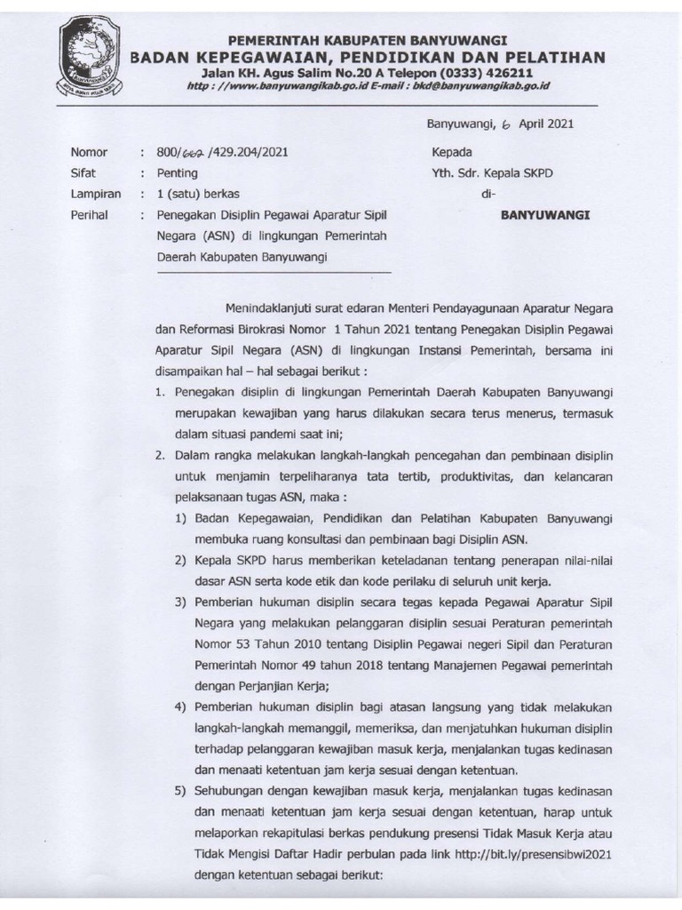 Surat Penegakan Disiplin Pegawai ASN | PDF