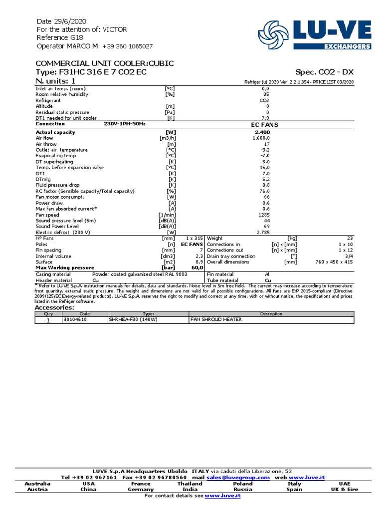 Commercial Unit Cooler:Cubic Type: F31HC 316 E 7 CO2 EC Spec. CO2 - DX N. Units: 1 | PDF ...