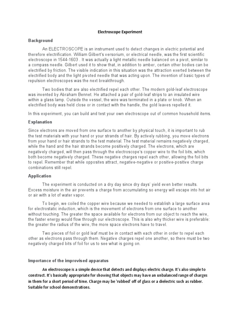 Electroscope Experiment | PDF | Electric Charge | Electrostatics