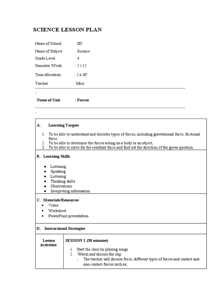 Science Lesson Plan: Name of Unit: Forces | PDF | Force | Lesson Plan