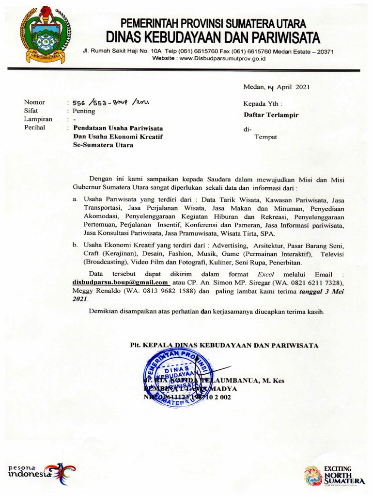 Surat Pendataan Usaha Pariwisata Dan Ekraf Se Sumut Final | PDF