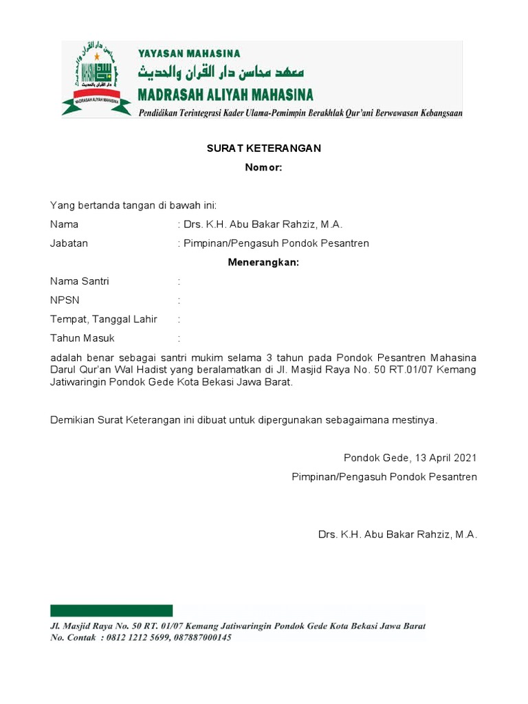 Surat Keterangan Santri Mukim Dari Pondok Pesantren Untuk Santri | PDF