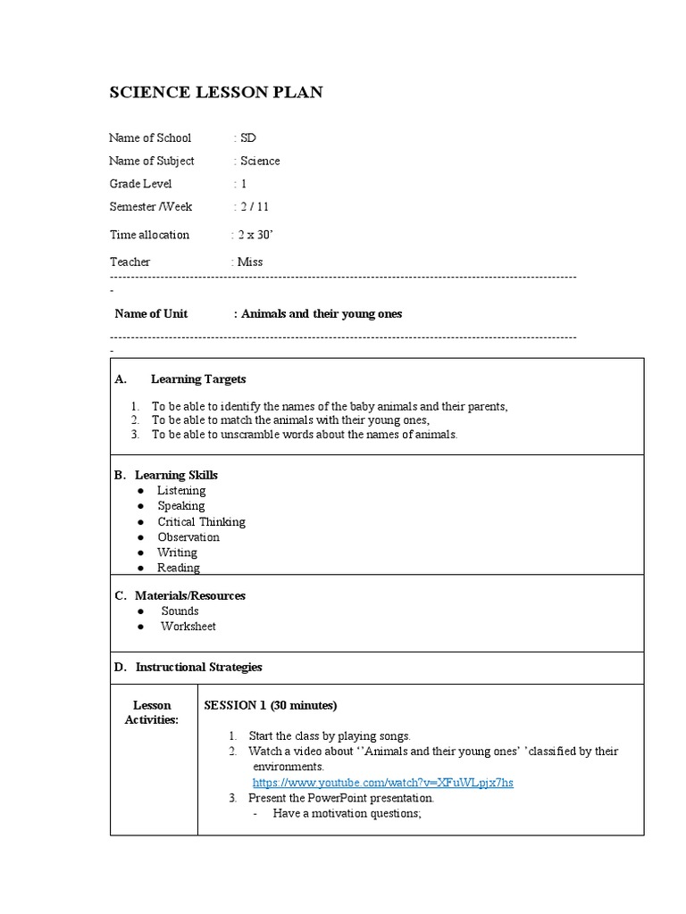 Science Lesson Plan: Name of Unit: Animals and Their Young Ones | PDF