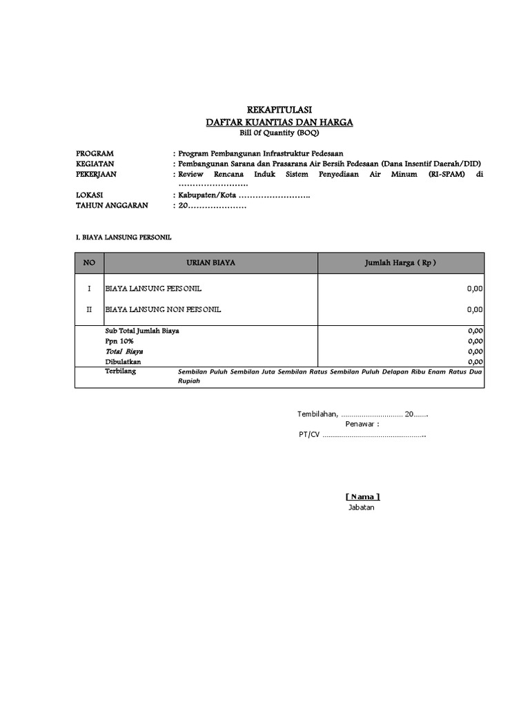 Contoh BOQ RIVIEW RISPAM - 2 | PDF