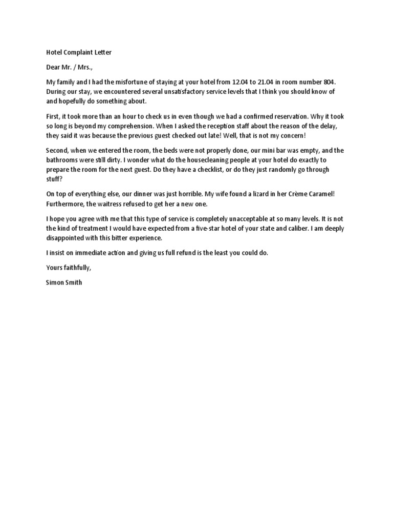 Hotel Complaint Letter | PDF