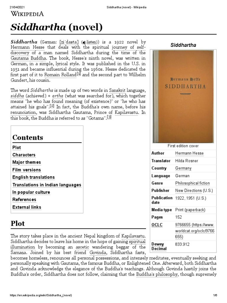 Siddhartha (Novel) - Wikipedia | PDF | Sikhism | Religion And Belief