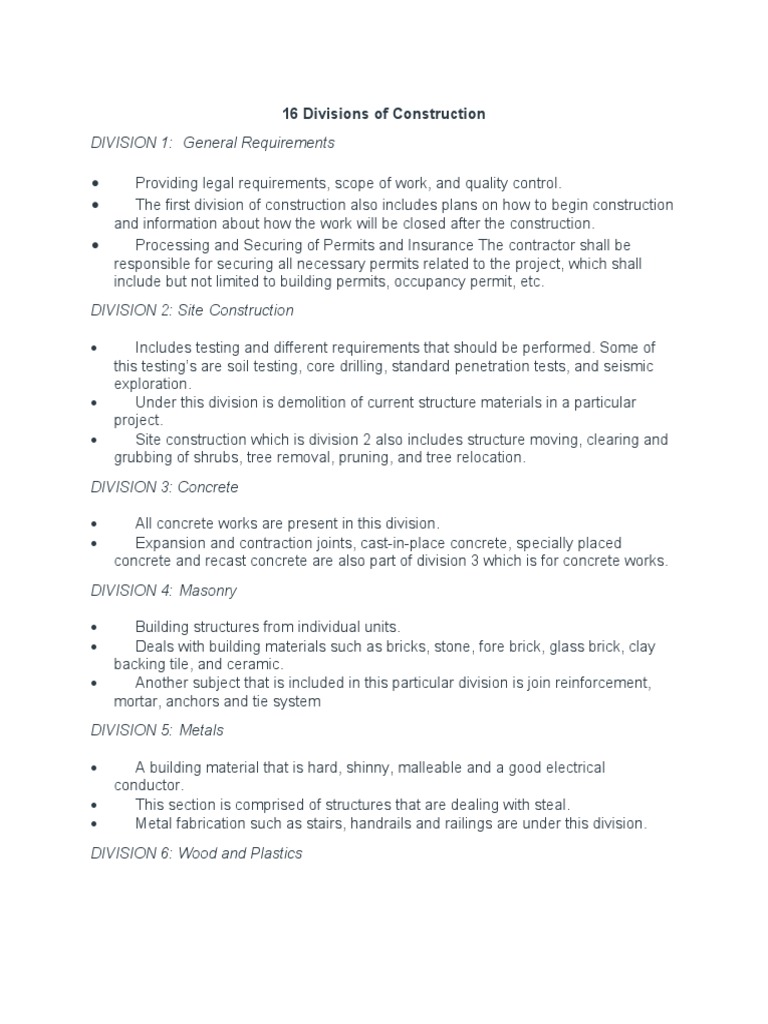 16 Divisions of Construction | PDF | Building Insulation | Concrete